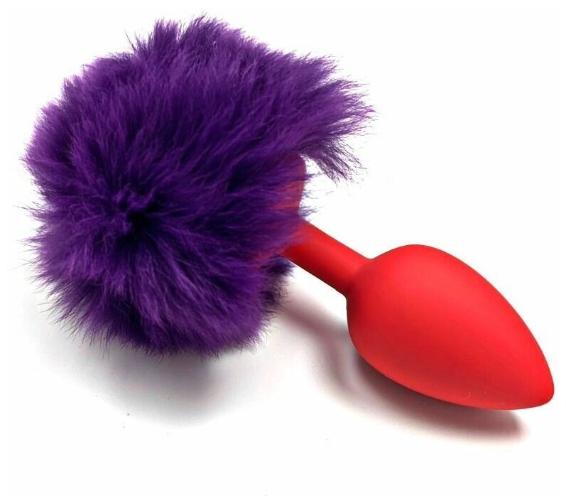 Красная силиконовая анальная пробка с пушистым фиолетовым хвостиком зайчика