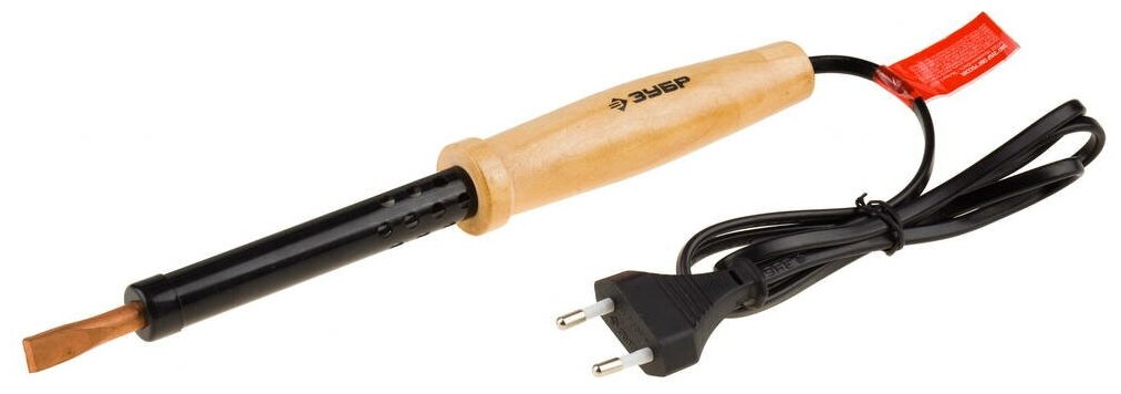 Электропаяльник ЗУБР 100Вт 220В с деревянной рукояткой и жалом клин для монтажа электронных деталей