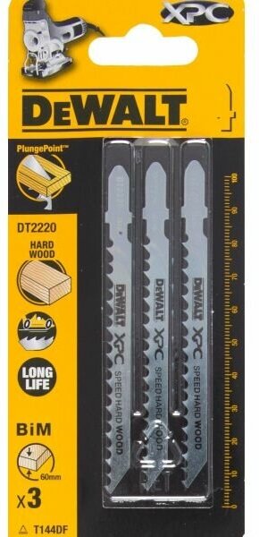 Пилка для лобзика DEWALT EXTREME PRECISION CUT DT2220, по дереву биметаллическая, BiM, 100 x 75 x 4.0 x 60 мм, T144DF, 3 шт.