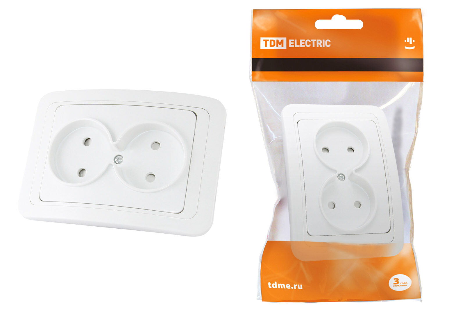 Розетка белая двойная 2П 10А c защитными шторками, серия "Валдай" TDM Electric