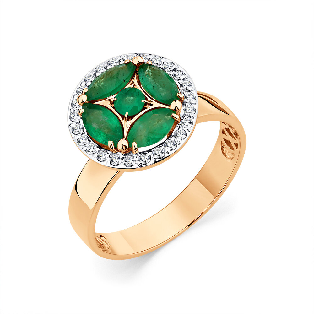 Кольцо, красное золото, 585 проба, бриллиант, изумруд