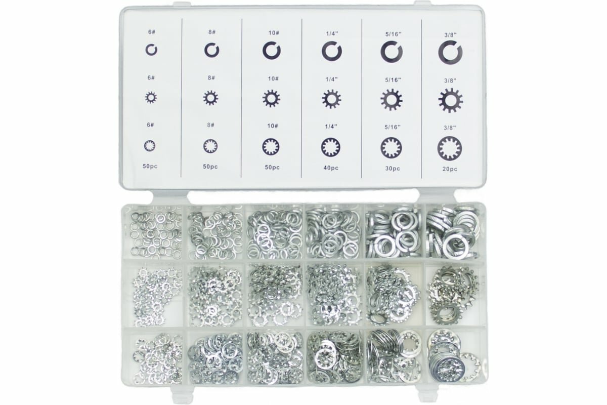 Nova Bright Набор шайб 18 видов: гровер, зубчатые, стопорные, многолапчатые, 720шт 34226