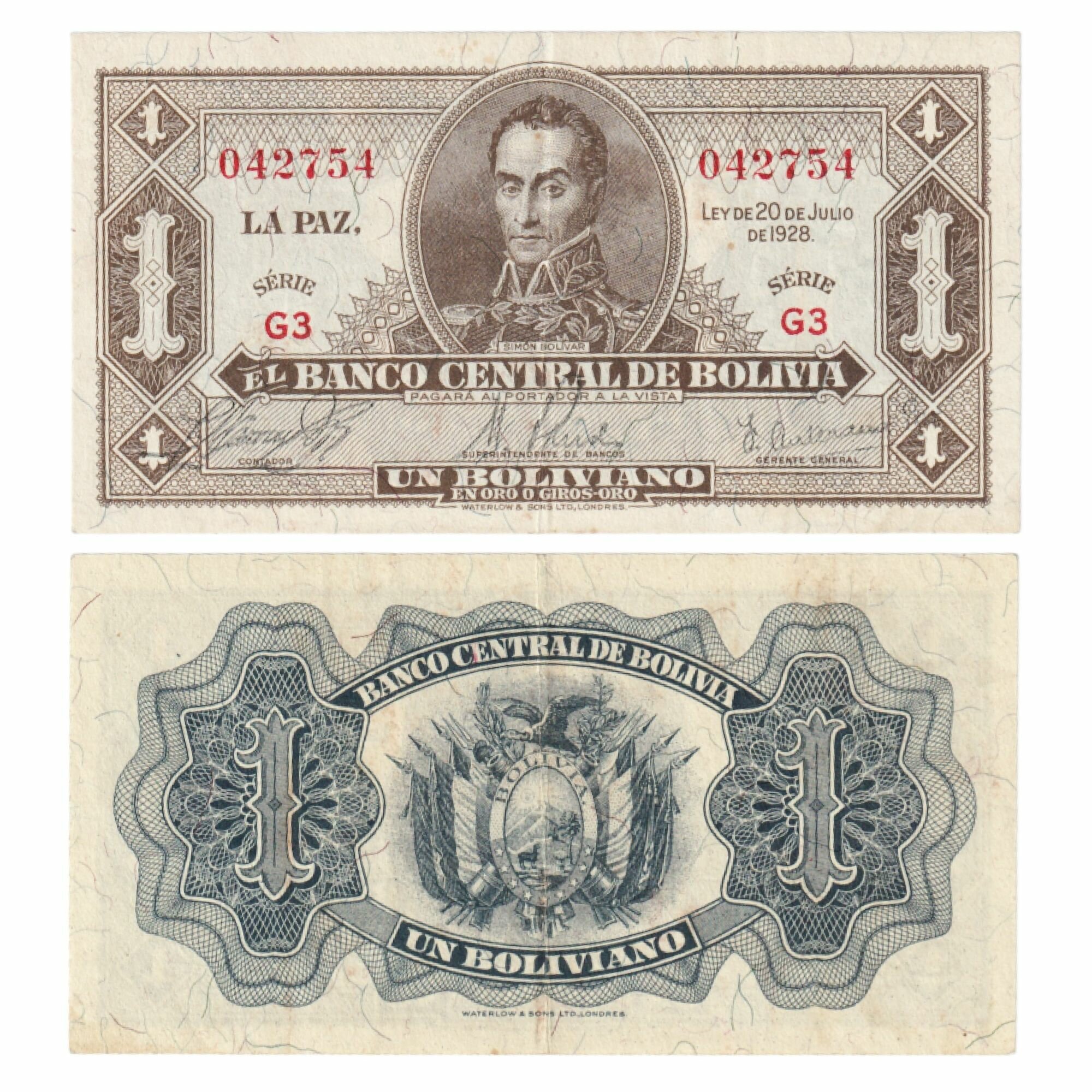 Банкнота Боливия 1 боливиано 1928 год (VF) Pick 128a