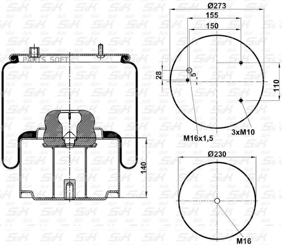 SK83606K01 S&K Пневморессора. Поршень металл [Верх: 1*M16, 3*M10 | Низ: 1*М16]