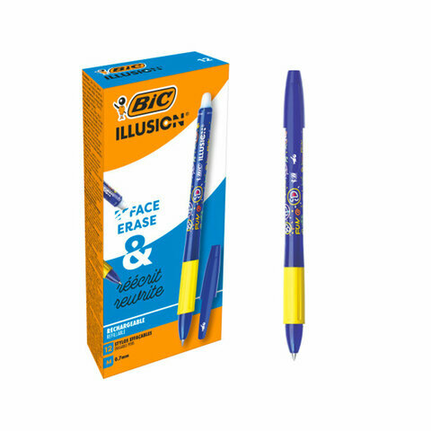 Ручка стираемая гелевая с грипом BIC "Gelocity Illusion", синяя, корпус синий, линия 0,3 мм, 516518