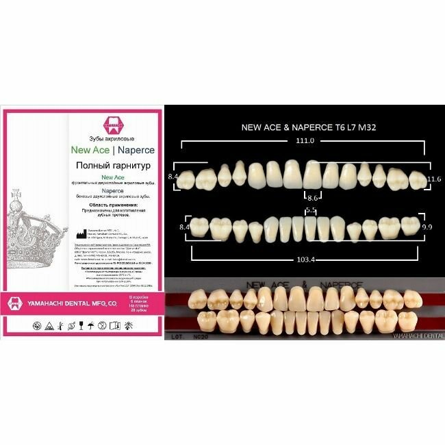 Зубы акриловые, вариант исполнения: New Ace двухслойные фронтальные ф. Т6, цветС3; Naperce -двухслойные, GLORIA Posterior (боковая группа), верх/низ фасон М32, цветС3; полный гарнитур 28 шт. на планках.
