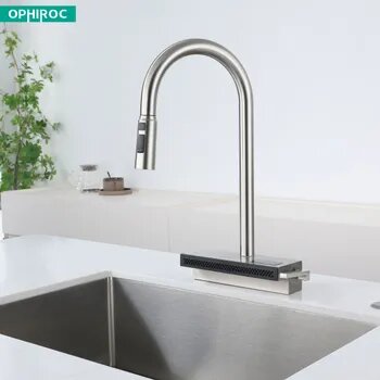 Смеситель для кухни OPHIROC, Кухонный смеситель с водопадом, Индикатор температуры, A59# Экологическая медь,803-S, Серебро