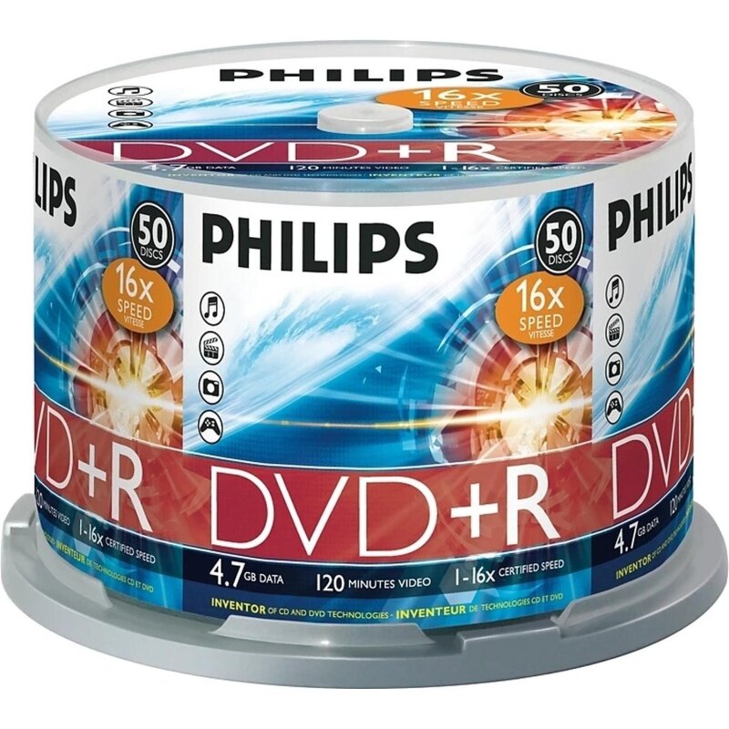 Носители информации DVD+R Philips 4.7 Gb, скорость записи 16x, Cake Box 50 шт (DR4S6B50F/97)