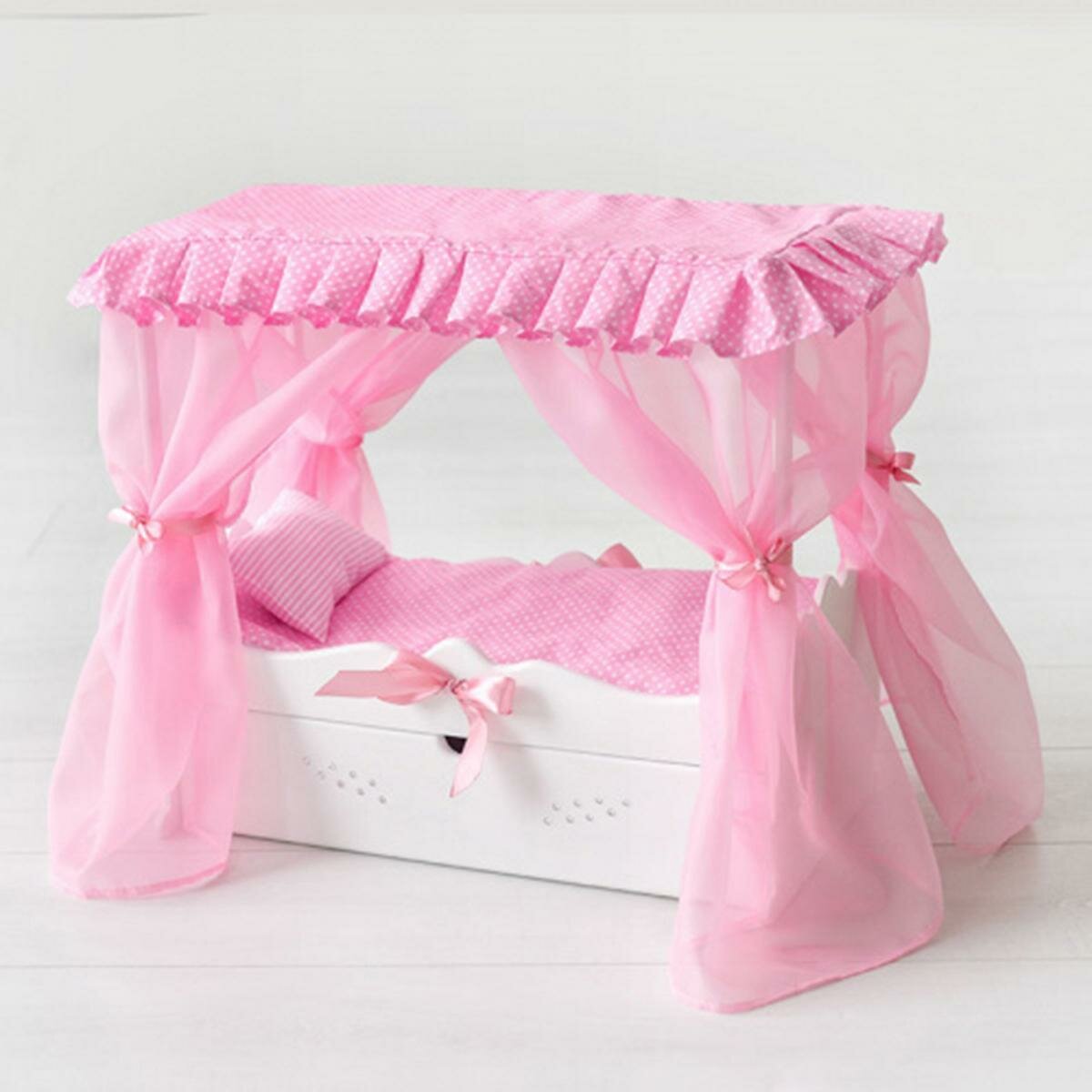 Кроватка с балдахином для кукол, бело-розовая, с ящиком, украшена стразами