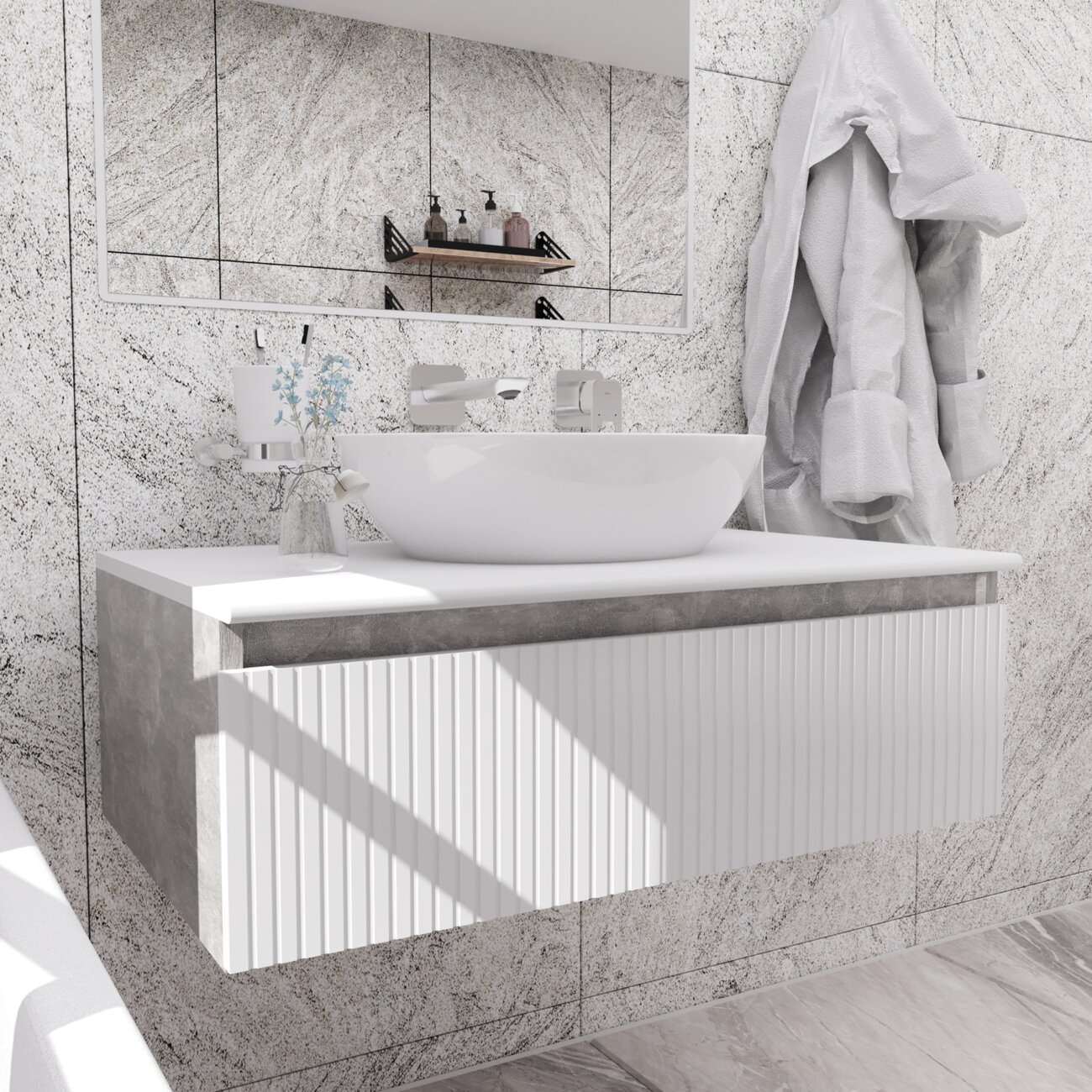 Тумба со столешницей А80 ультра (серый камень+белый) под раковину