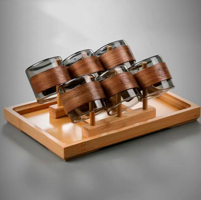 Набор пиал 6шт с деревянным подносом жаропрочное стекло с деревянными держателями