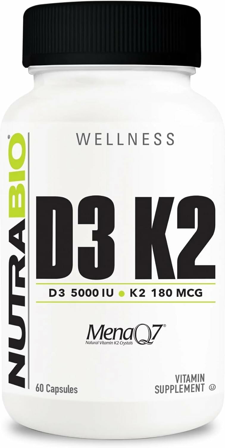 Витамины D3+K2 NutraBio, 180 мкг, 5000 UI, 60 капсул для здоровья организма