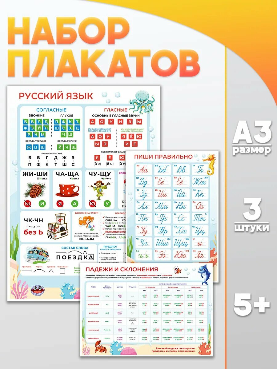 Набор обучающих плакатов Русский язык, А3, 3 шт, для начальной школы