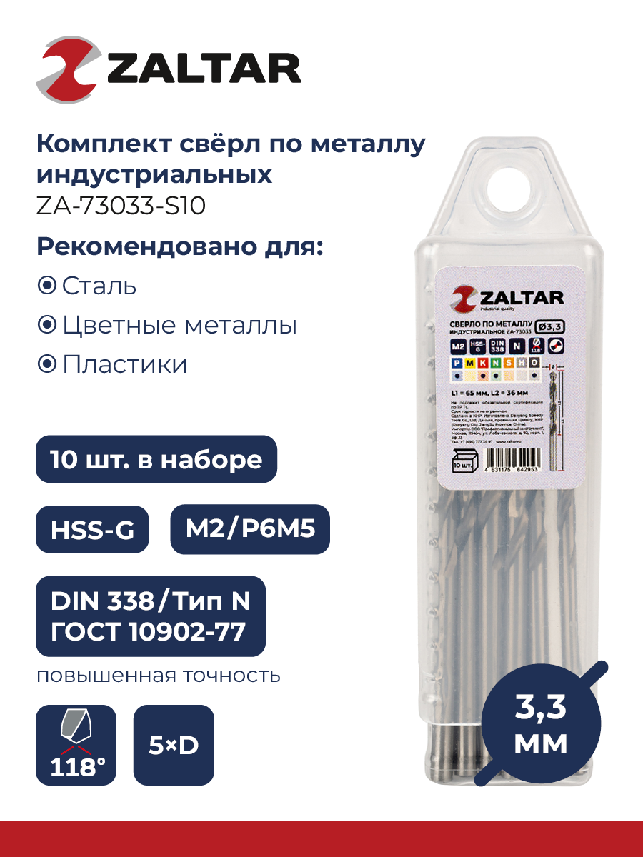 Комплект свёрл по металлу индустриальных, 10 шт, DIN 338, HSS-G, Тип N, 5xD, 3.30 мм