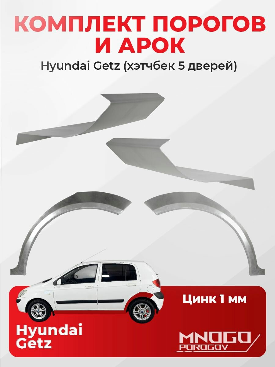 Комплект двух ремонтных порогов 1 мм и двух задних арок 0.8 мм на Hyundai Getz 2002-2011 хетчбэк 5 дверей, оцинкованная сталь, (Гетц 1), кузовной ремонт.