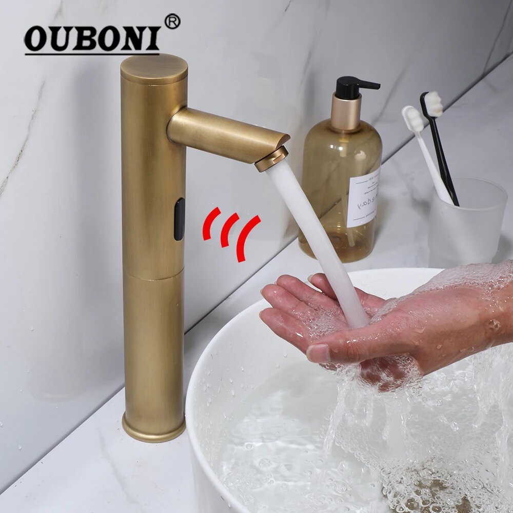 Кран для раковины в ванной комнате с сенсором OUBONI из старинного латуня, автоматический индукционный кран, бесконтактный кран из сплошного латуня с смешением горячей и холодной воды
