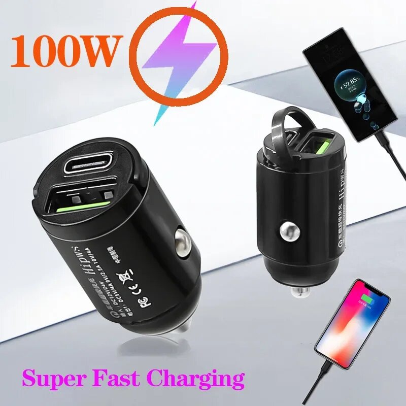 Автомобильное зарядное 100W с 2 портами, быстрая зарядка PD/QC
