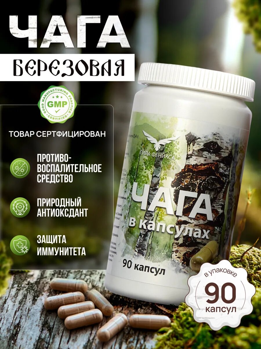 Чага березовая натуральная измельченная в капсулах, гриб чага для иммунитета