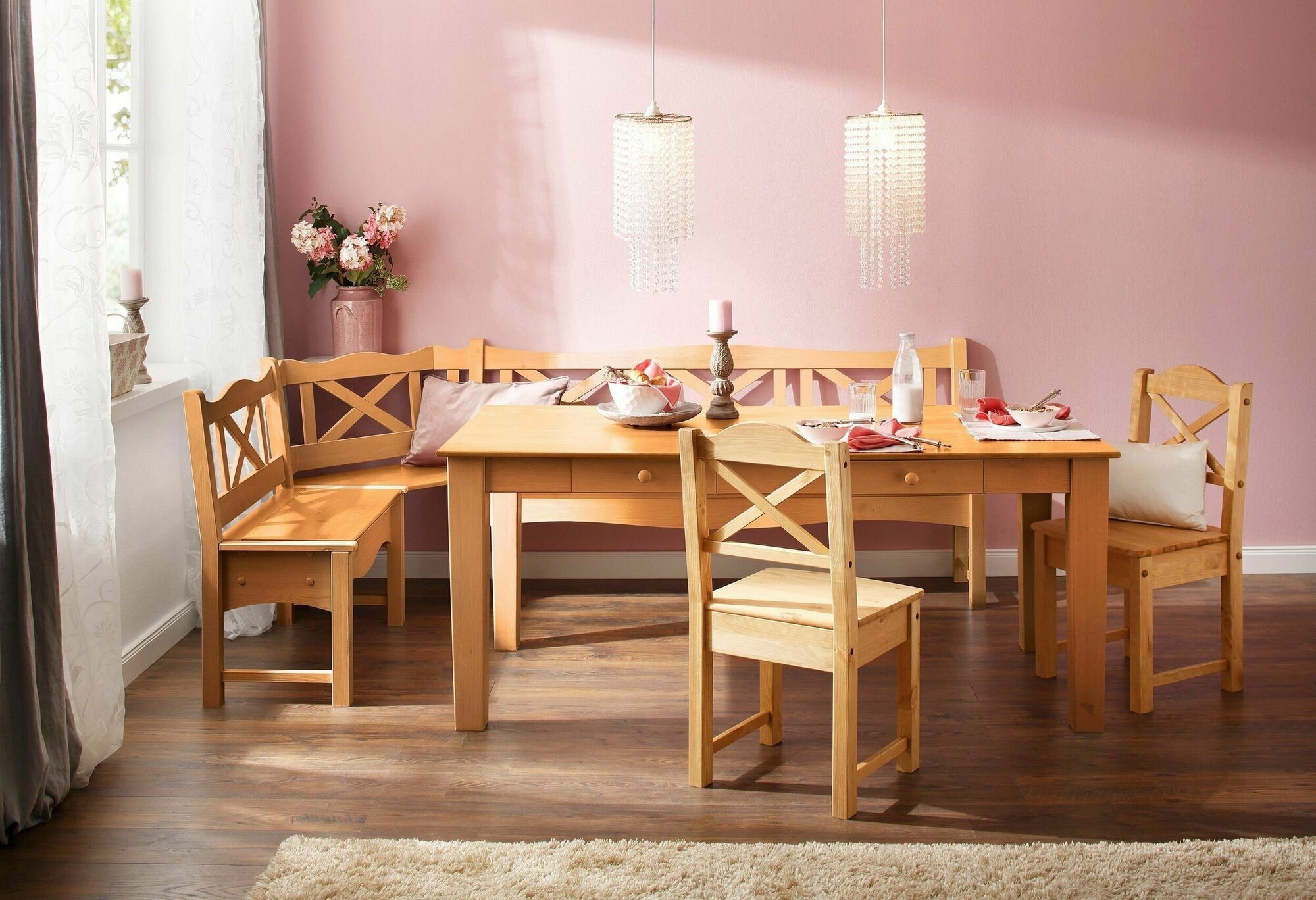 Кухонный уголок, 151х241х88, Ванда, стол обеденный и скамья угловая, из массива дерева, Dipriz