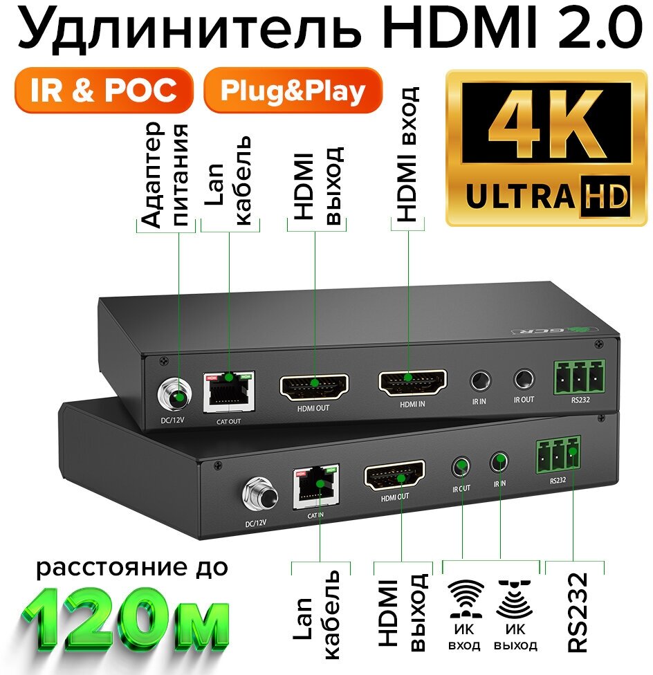 Удлинитель HDMI по витой паре до 120м 4K передатчик + приемник ИК-управление RS232 (77v120R) черный