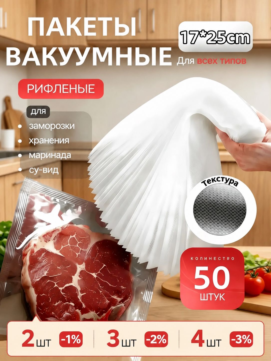 Вакуумный пакет для сохранения свежести 17х25 см 50 шт для вакууматора упаковки мяса рыбы овощей заморозки