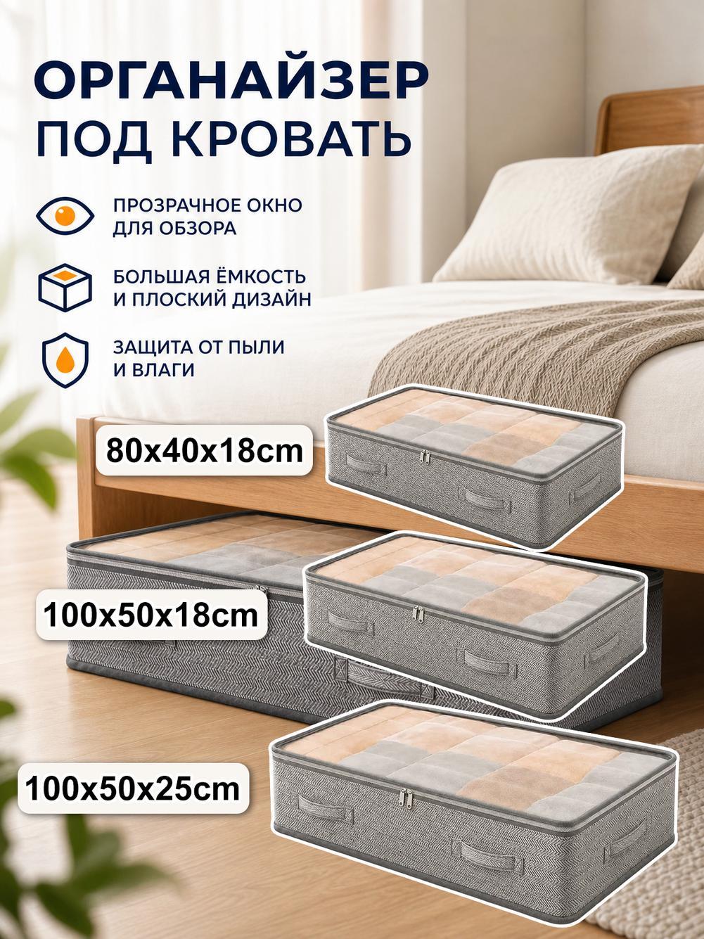 Кофр для хранения вещей с прозрачным окном, серый, из нетканого материала, на молнии