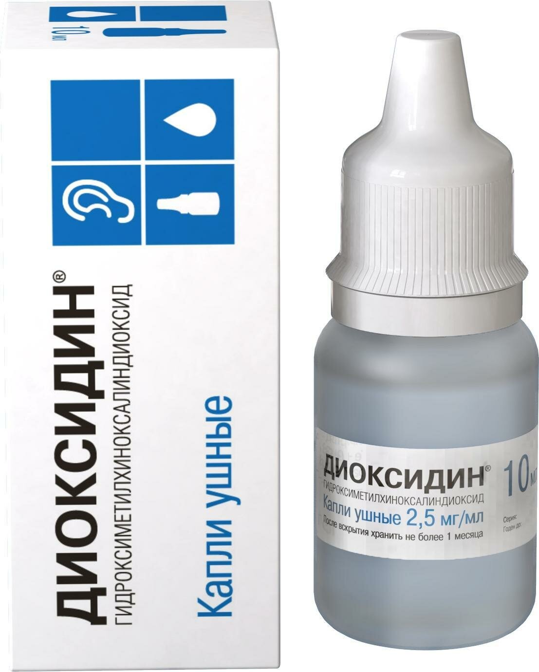 Диоксидин, капли ушные, 2,5 мг/мл, флакон-капельница, 10 мл, 1 шт.