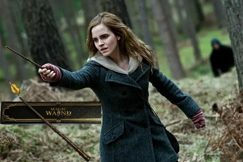 Пламенная палочка Гарри Поттера из фильма + палочка персонажа Гермионы Грейнджер из подарочной коробки + билеты на этапы 9 и 3/4 + зарядное устройство