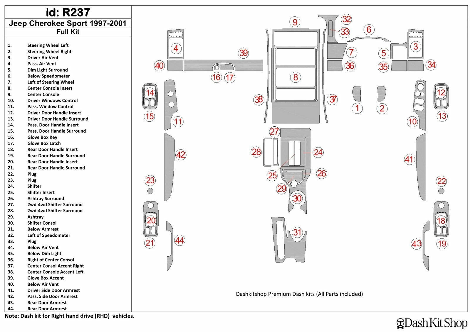Накладки салона под дерево, карбон, алюминий для Jeep Cherokee Sport 1997-2001. Комплект R237.