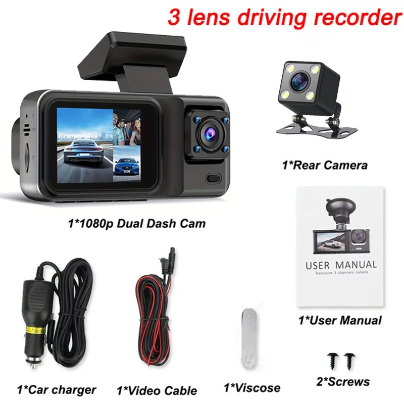 3 Lens Dash Cam 1080P с картой памяти 64G
