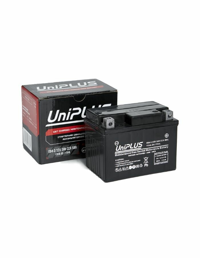 Аккумулятор мото UniPLUS AGM EB4-3 3Ah ОП 50A (YTX4L/YB4L-B) (113x70x85)