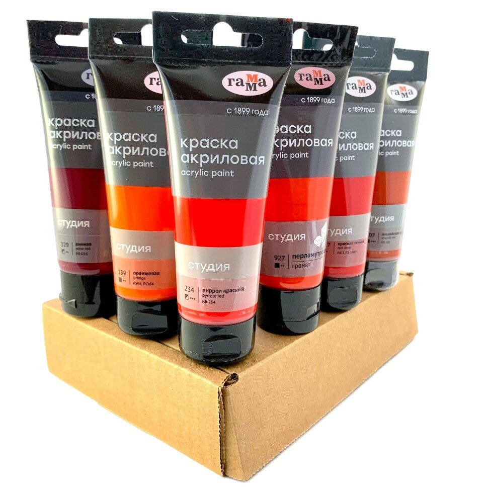 Акрил 6 оттенков по 75 мл Красных насыщенных, артикул ГМ-280220-927.207.329.217.234.139