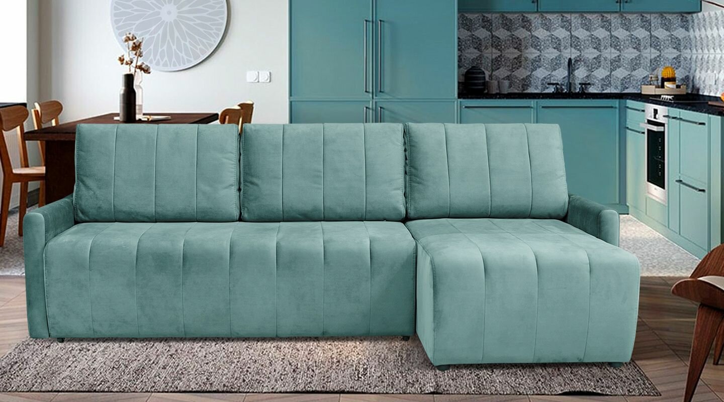 Угловой диван AH! DIVAN (АхДиван) Норфолк 145х245х88 см, раскладной диван-кровать, еврокнижка, независимый пружинный блок, морская волна, велюр