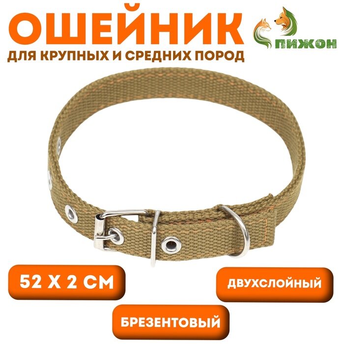 Брезентовый ошейник, 52×2 см, двухслойный, цвет песочный