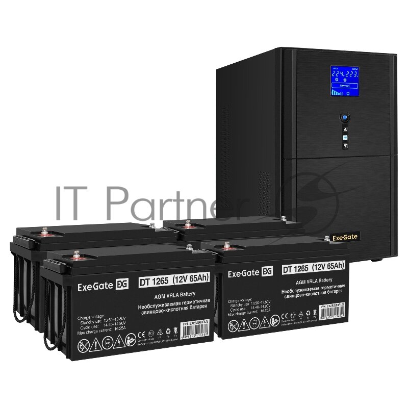Комплект ИБП EX295990RUS + батарея 65Aч EX282980RUS 4шт (инвертор, синус, для котла) ExeGate SineTower SZ-3000. LCD. AVR.3SH.1C13. RJ. USB <3000VA/2400W, чистый синусоида, LCD дисплей, AVR, 3*Schuko+1*C13, RJ45/11, USB, линейно-интерактивный, Black> + ба