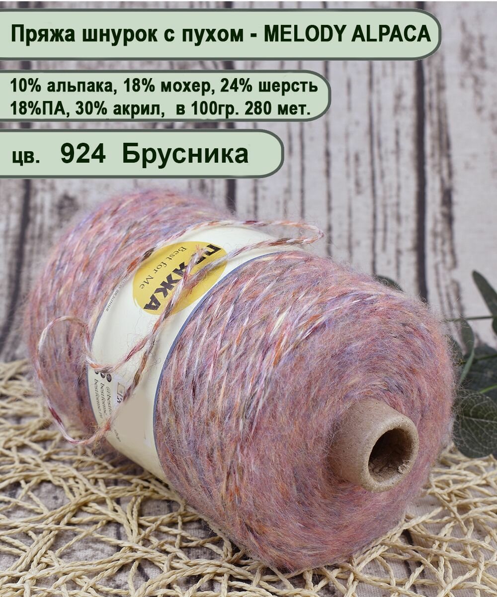 Пряжа на бобине MELODY ALPACA, 10% альпака, 24% шерсть, 18% мохер, 18/30, 100гр. 280 мет. цв. 924 брусника (вес 400гр.)
