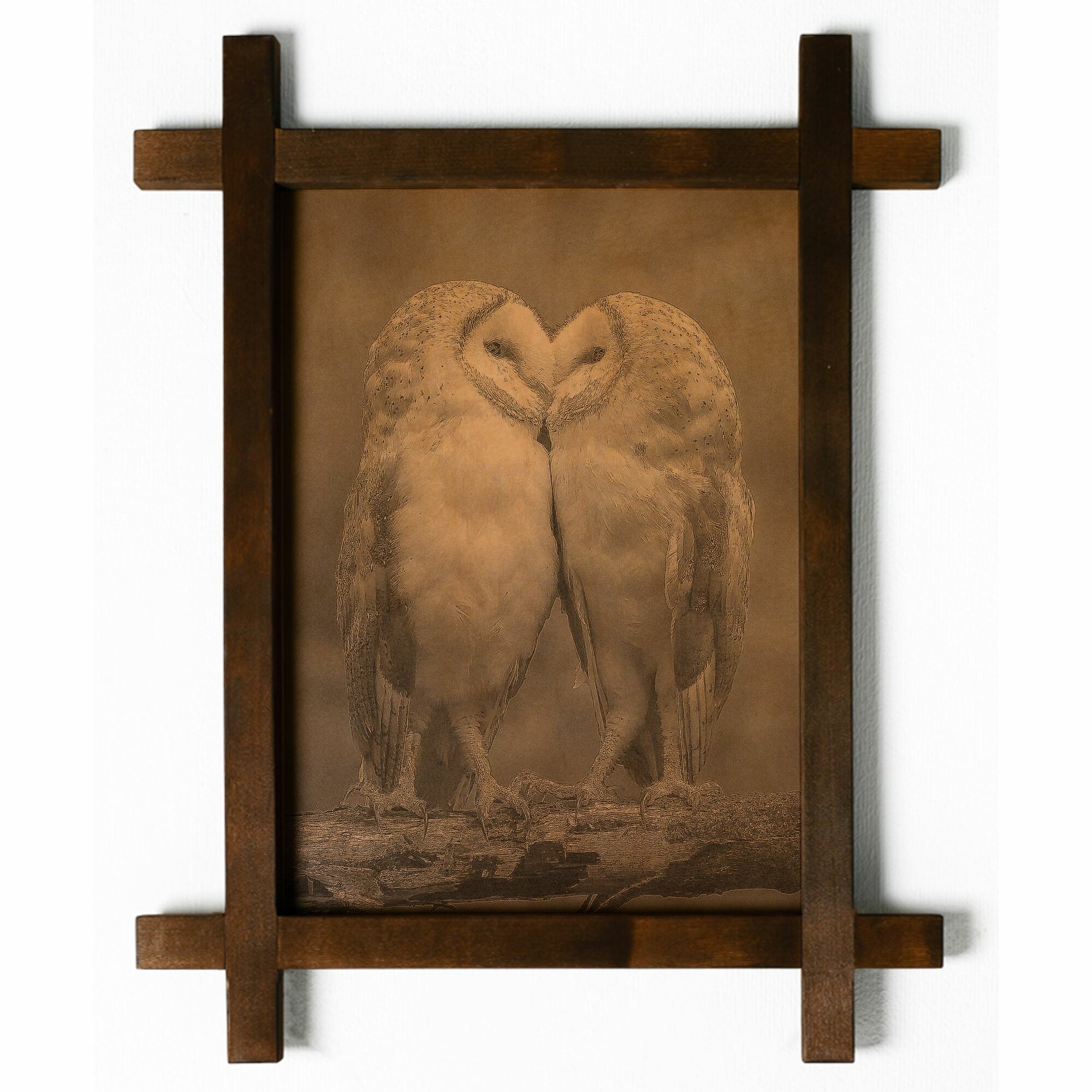 Интерьерная картина из натуральной кожи "Совы целуются", декоративное настенное панно в деревянной раме, BoomGift