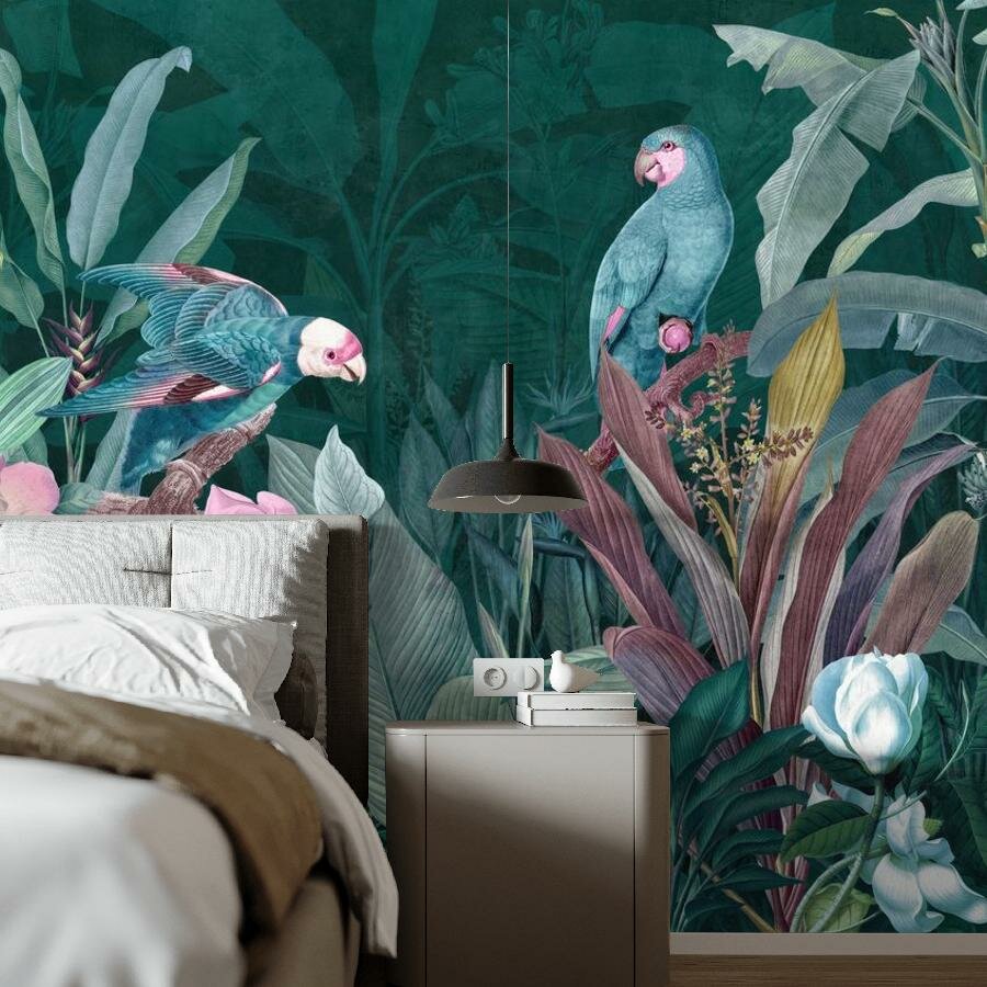 Фотообои Попугаи в ночных тропиках 12-1842-S-Флок 270 x 200 см (ВхШ) Бесшовные, флизелиновые, влагостойкие обои