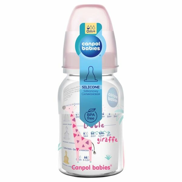 Бутылочка для кормления с силиконовой соской c узким горлом розовая с 0 мес. Africa Babies Canpol/Канпол 120мл