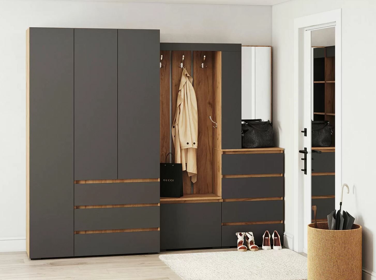 Прихожая комплект Ирэн Макси со шкафом, с вешалкой, с зералом, 246х46х210 см, Дуб Крафт золотой / Графит серый