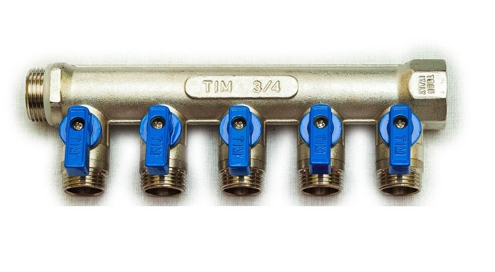 Фитинг гребенка - коллектор 3/4/5 выхода с цангами и кранами TIM 200-3/4 (Россия)