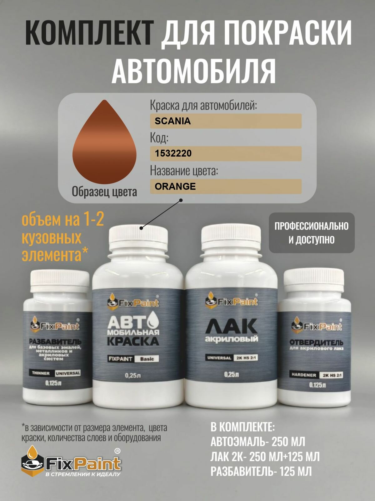 Комплект для покраски SCANIA, код 1532220, ORANGE, базовая автомобильная краска 250 мл, лак 2K 250 мл с отвердителем, разбавитель 125 мл, FixPaint Pro