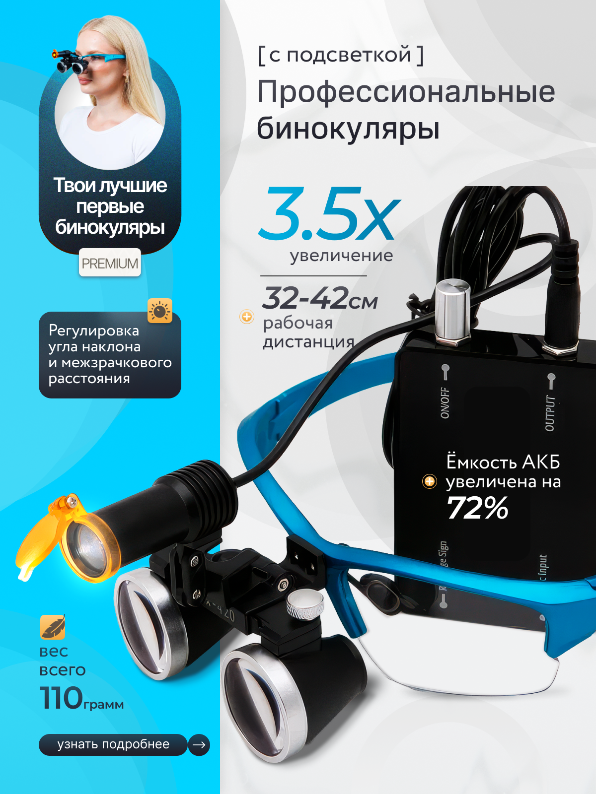 Очки лупы бинокулярные 3,5 с подсветкой в твердом кейсе