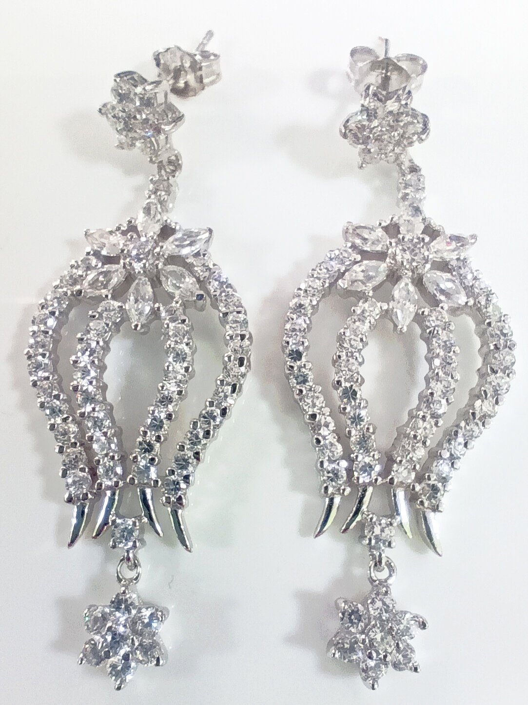 Серьги пусеты, с подвесками, серебро, 925 проба, родирование, фианит