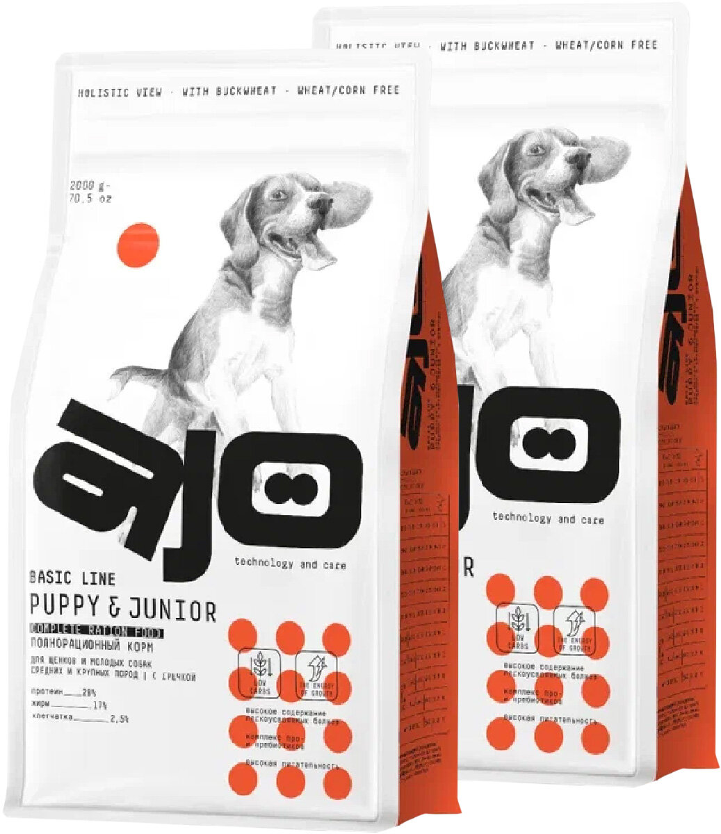 Корм сухой Ajo Dog Basic Line Puppy & Junior для щенков и молодых собак средних и крупных пород, индейка и гречка, 2 кг х 2 шт