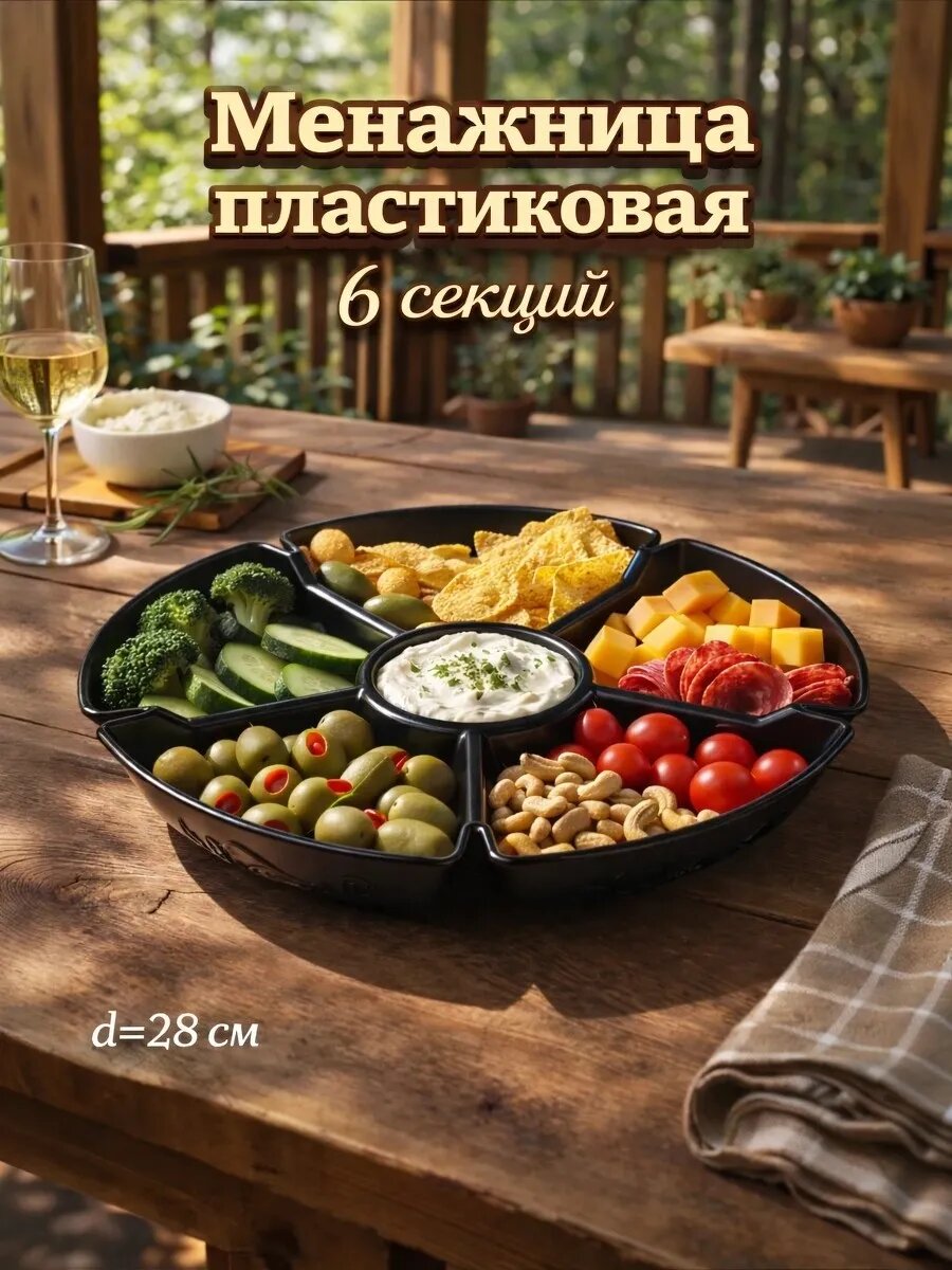 Менажница для закусок с соусницей, глубокая, 6 секций, черная, пластик, 28см