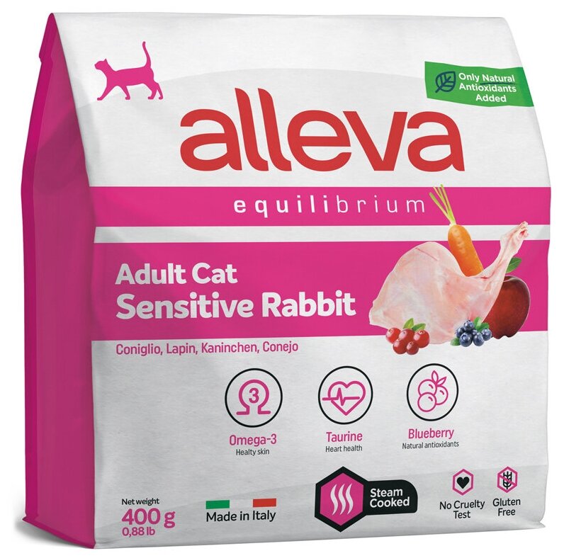 Сухой корм ALLEVA EQUILIBRIUM SENSITIVE RABBIT ADULT CAT для взрослых кошек, с кроликом, 2 шт по 400г