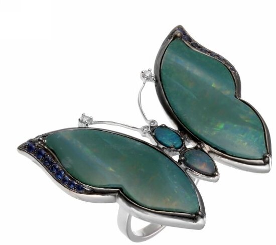 Кольцо, белое золото, 750 проба, сапфир, бриллиант, опал