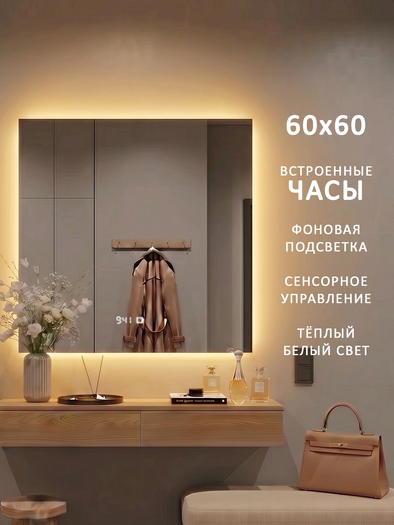 Зеркало настенное в прихожую Alias Квартал 60*60, тёплая LED-подсветка, часы