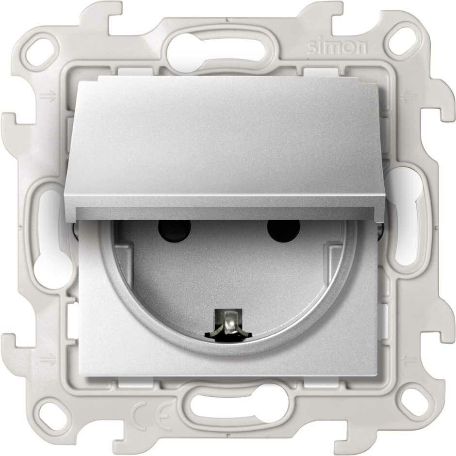 Розетка IP44 с крышкой, заземлением и шторками Simon 24 Алюминий Schuko 2Р+Е 16A 250В с системой Push&Go 2420448-033